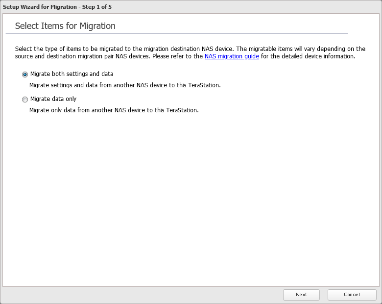 5 Select a migration source NAS device from the device list, enter the ...